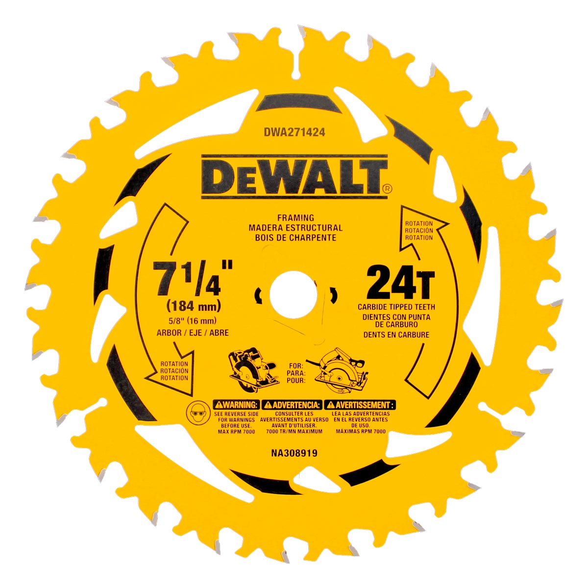 Disco sierra para corte de madera 24 dientes 7-1/4" DWA271424 DeWalt ...